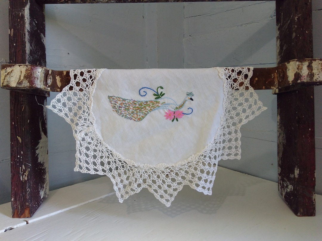 Vintage Peacock Doily: White Cotton Lace, Needlepoint Decor (13 Inch ...