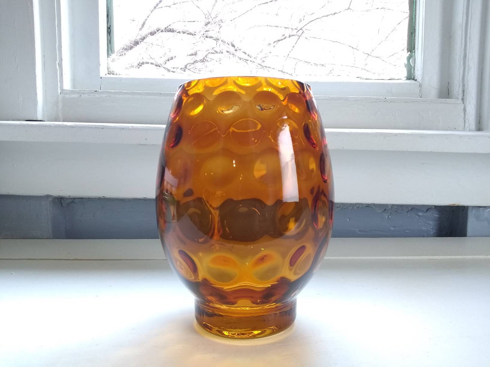 Vintage Amber Glass Flower Vase Heavy Coin Dot Design Decorative Vase ...