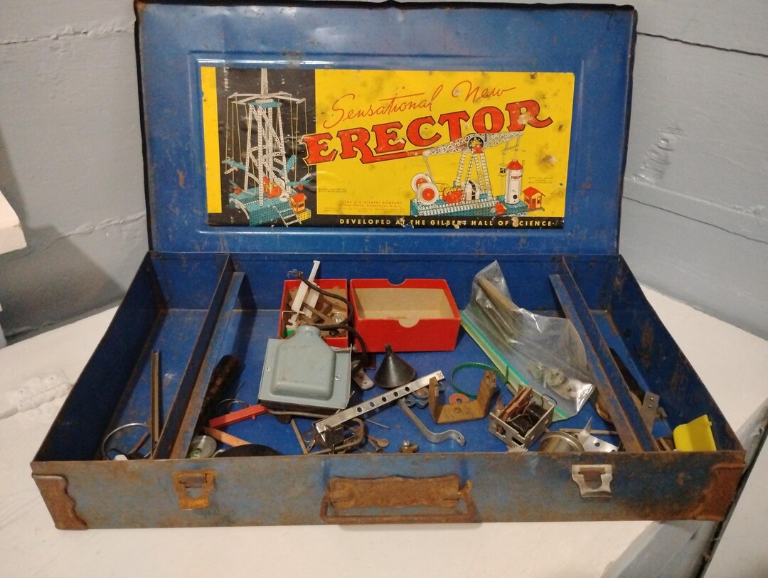 Vintage Blue Metal Erector Set Box With Parts - Photo Prop Display ...