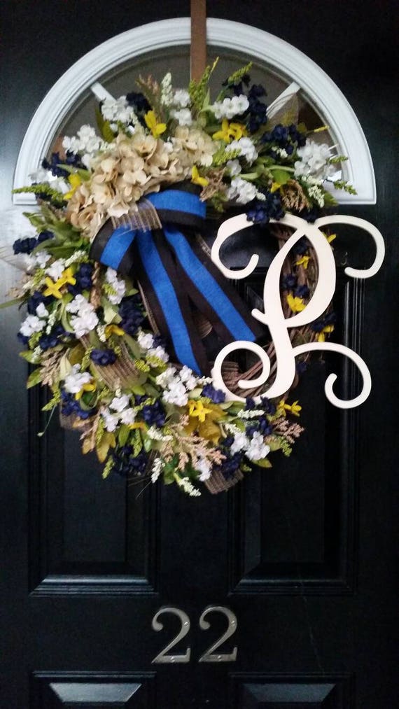Police Law Enforcement Wreath Blue Line Ribbon Wreath Monogram | Etsy