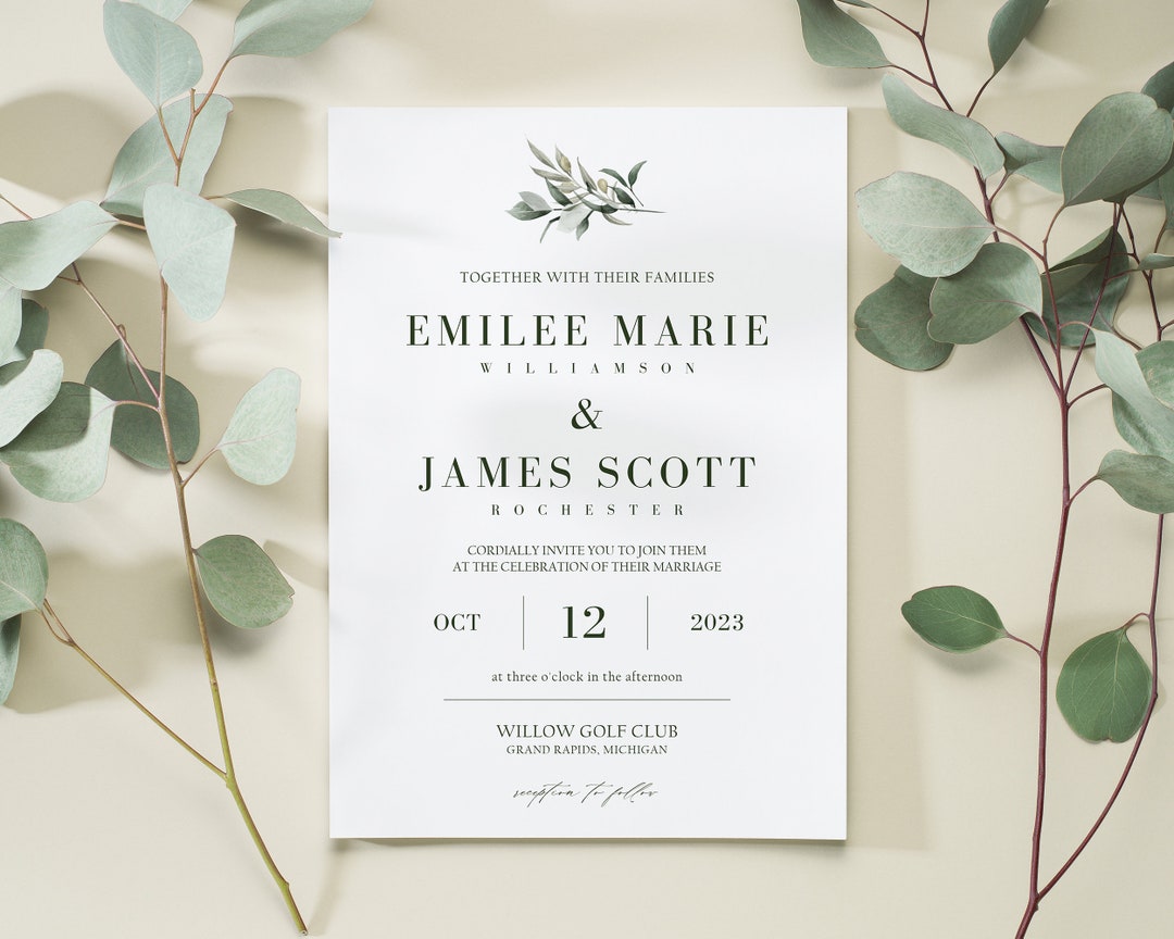 EMILEE | Wedding Invitation 5x7 | Elegant, Floral, Botanical Green ...