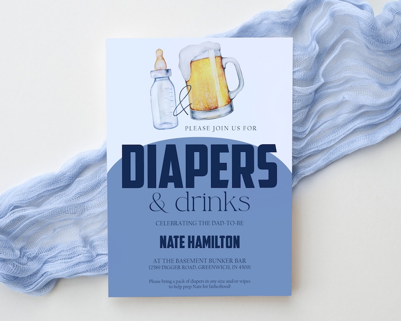 Diaper Party Invitation | Blue Beer Drinks Bottle Baby Shower Editable ...