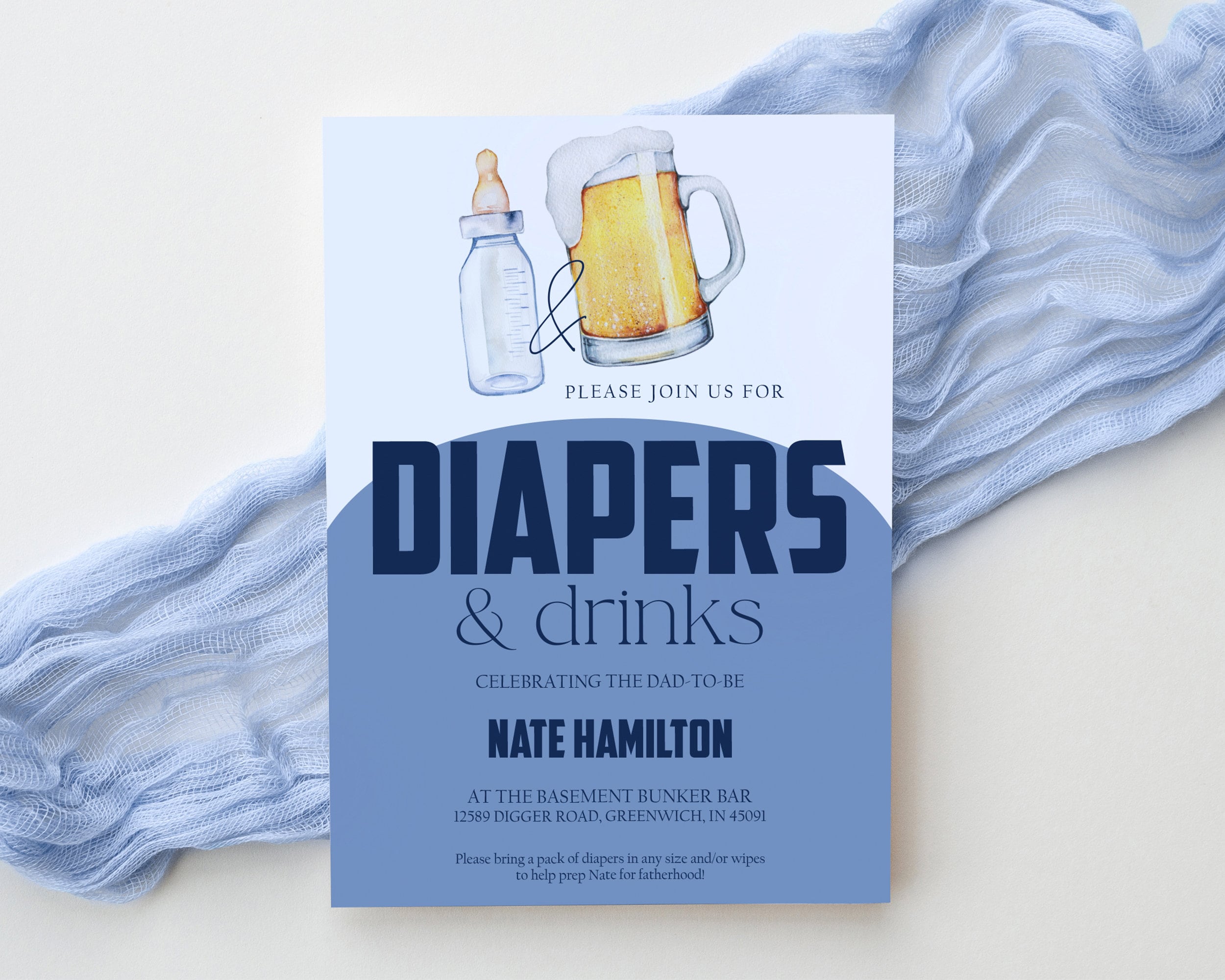 Diaper Party Invitation | Blue Beer Drinks Bottle Baby Shower Editable ...