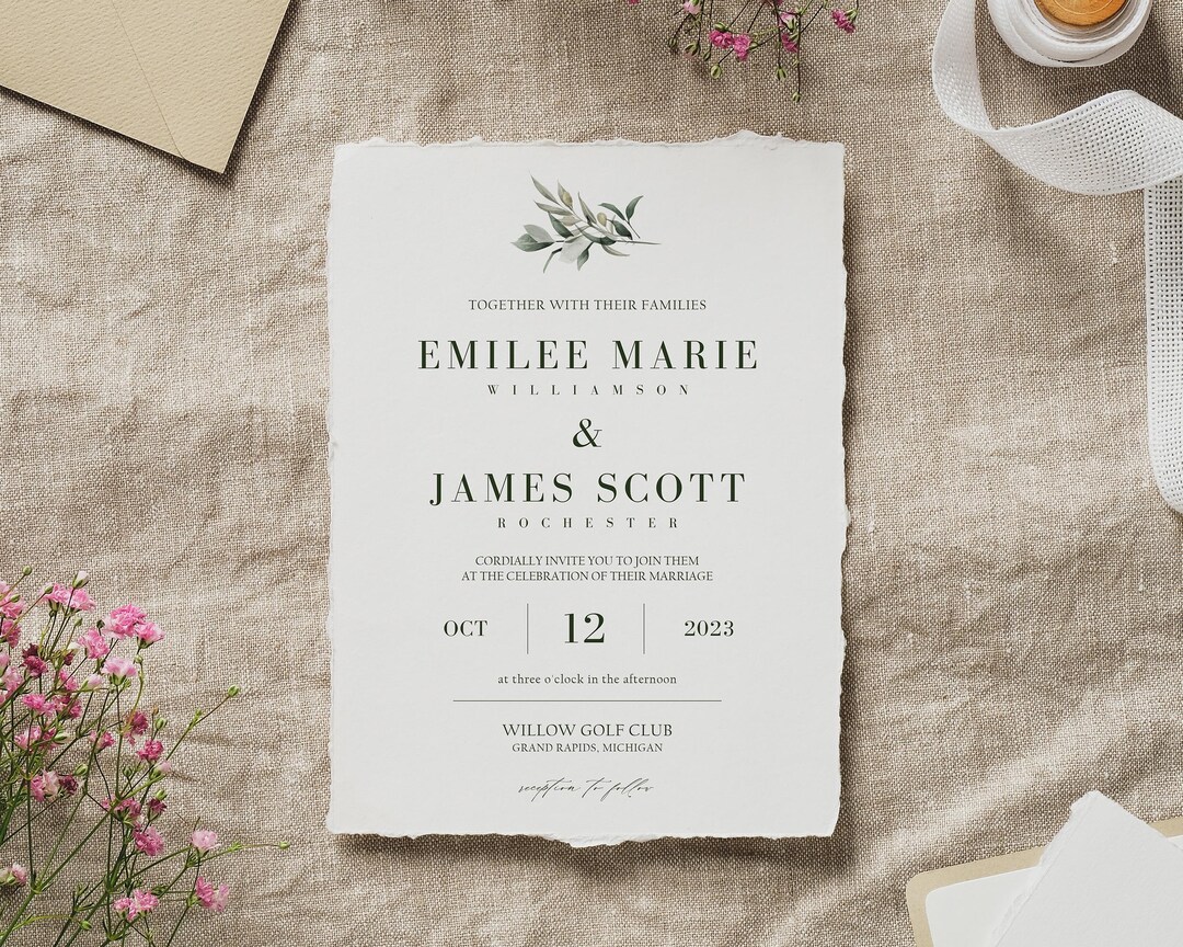 EMILEE | Wedding Invitation 5x7 | Elegant, Floral, Botanical Green ...