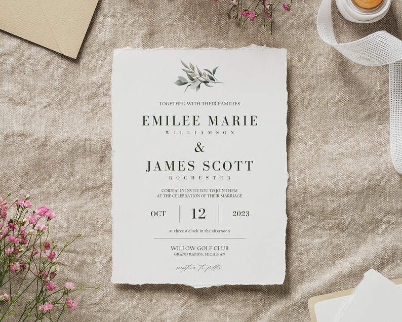 EMILEE | Wedding Invitation 5x7 | Elegant, Floral, Botanical Green ...