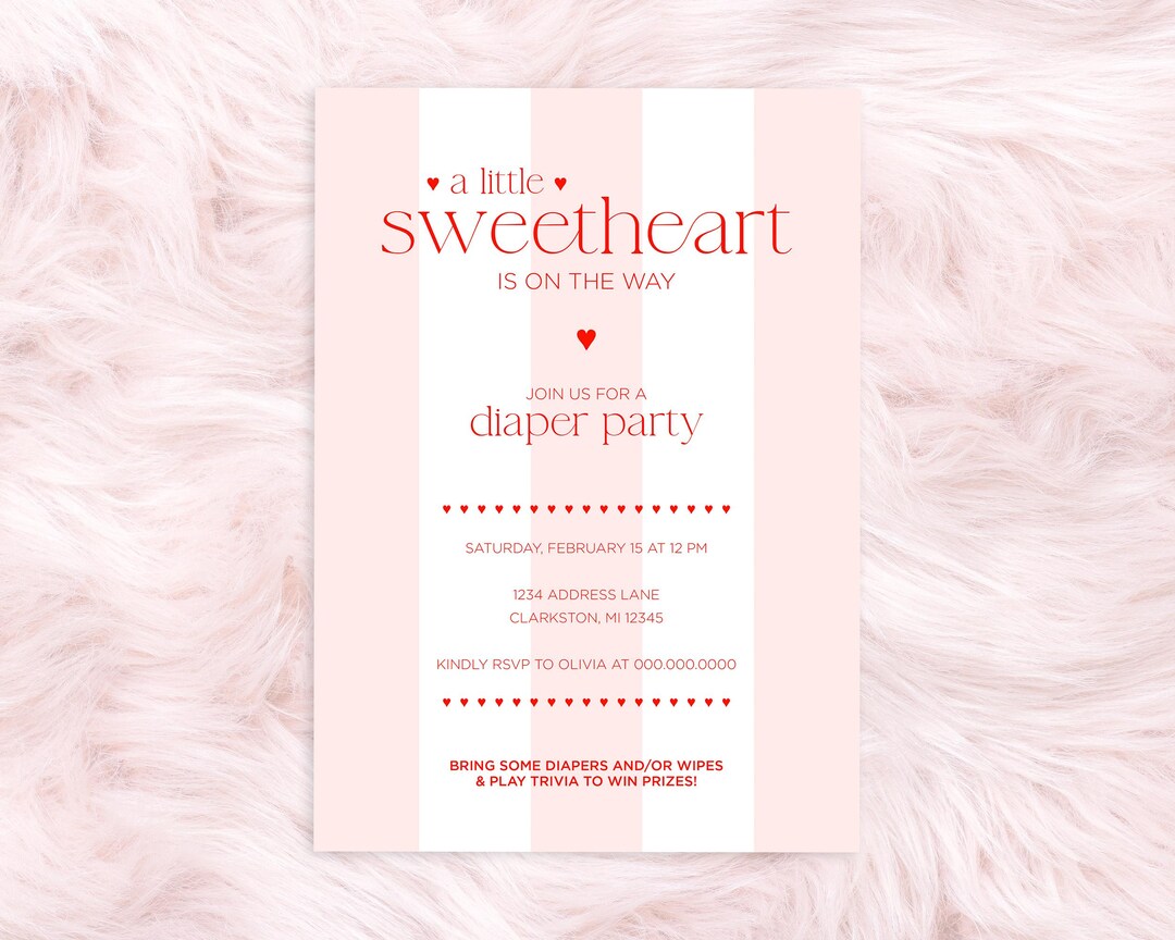 Pink Stripe Diaper Party Invitation | Pink Sweetheart Hearts Cute Girly ...