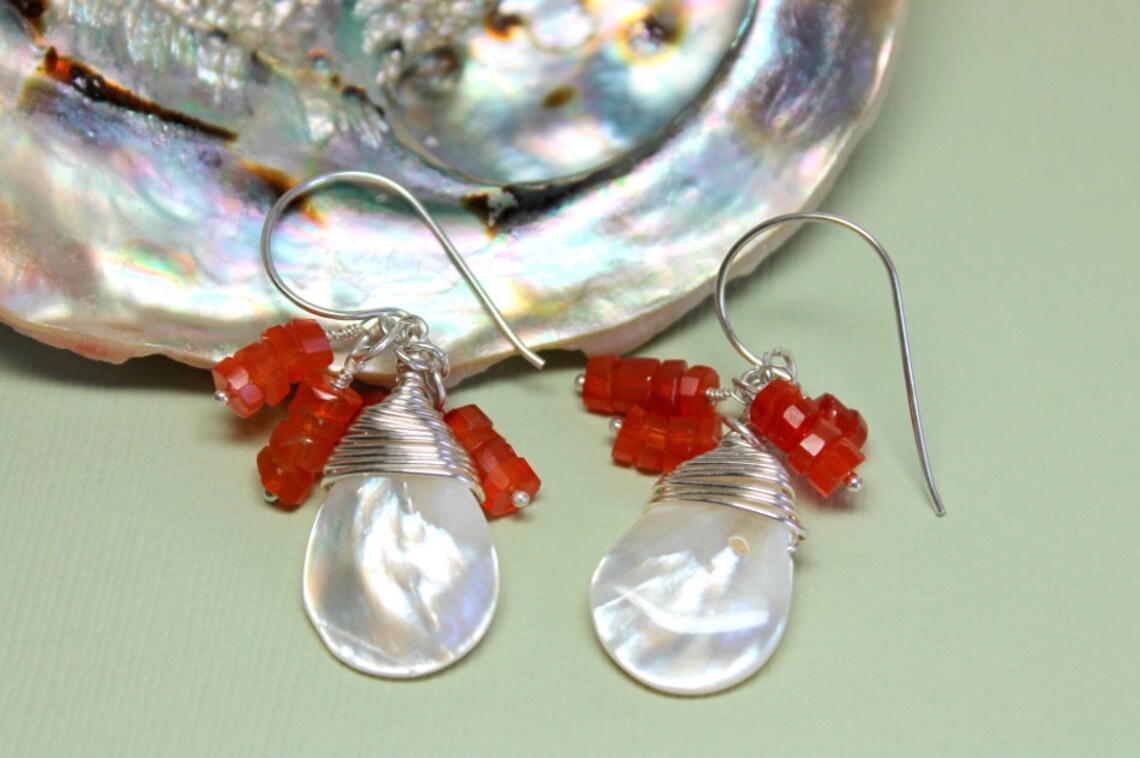 Carnelian Dangle Earrings Mother Of Pearl Teardrops Sterling Etsy