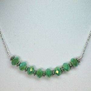 Green Crystal Necklace, Crystal Bar Necklace, Beaded Silver Bar, Green ...