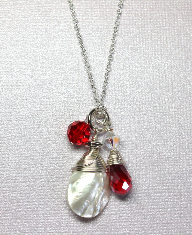 Red Crystal Necklace, MOP Teardrop Pendant, Large Pearl Teardrop, Wire ...