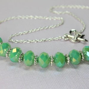 Green Crystal Necklace, Crystal Bar Necklace, Beaded Silver Bar, Green ...