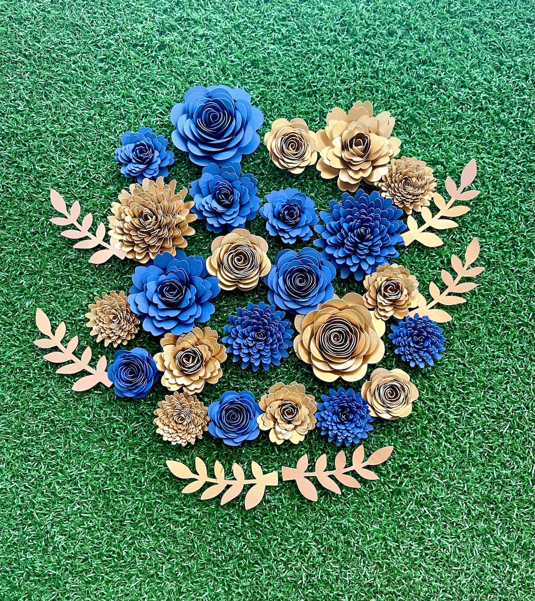 Navy and Matte Gold Foil Rolled Paper Flowers - 3 Styles, Mix Sizes ...