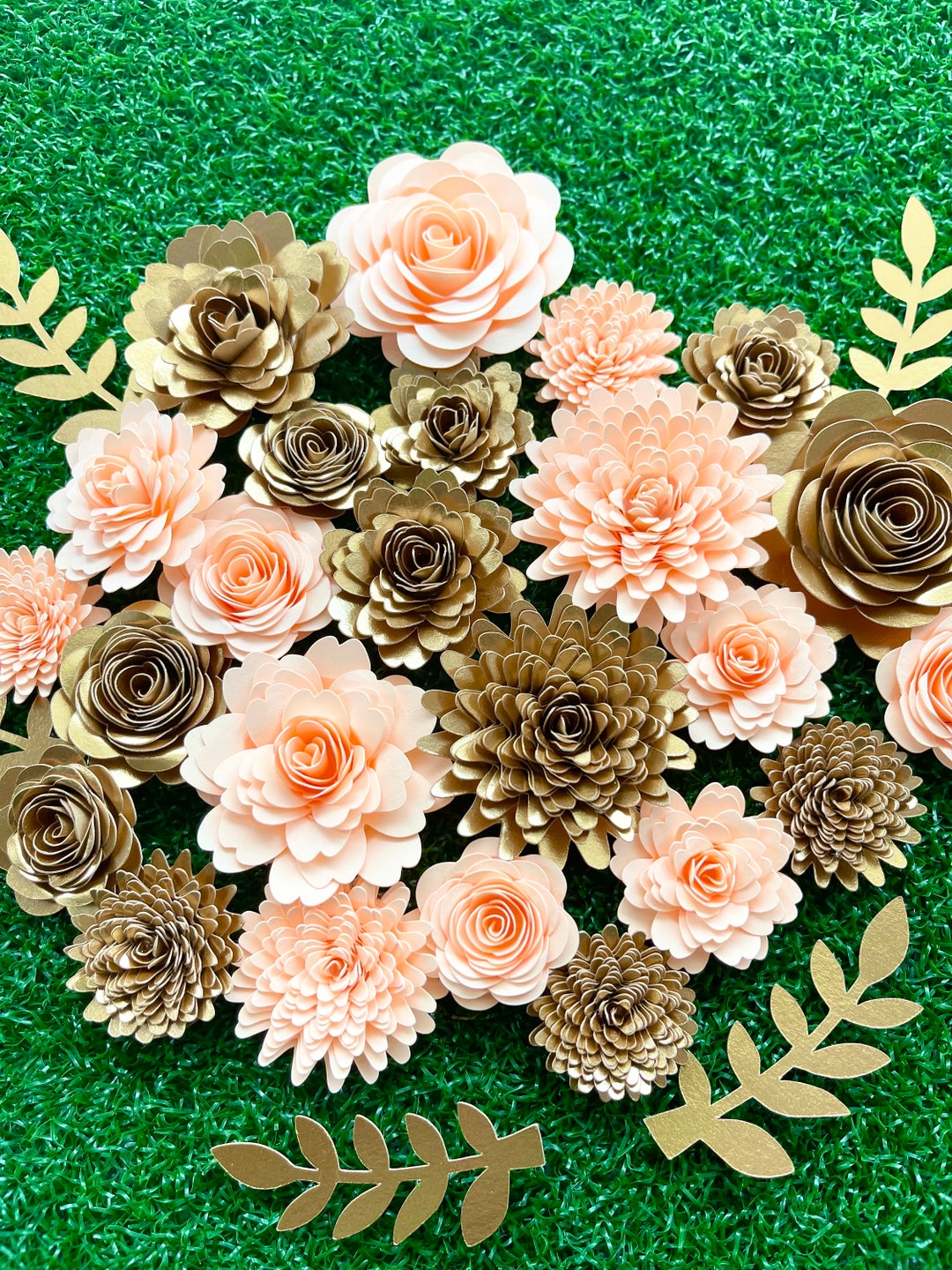 Peach and Matte Gold Foil Rolled Paper Flowers 3 Styles, Mix Sizes ...