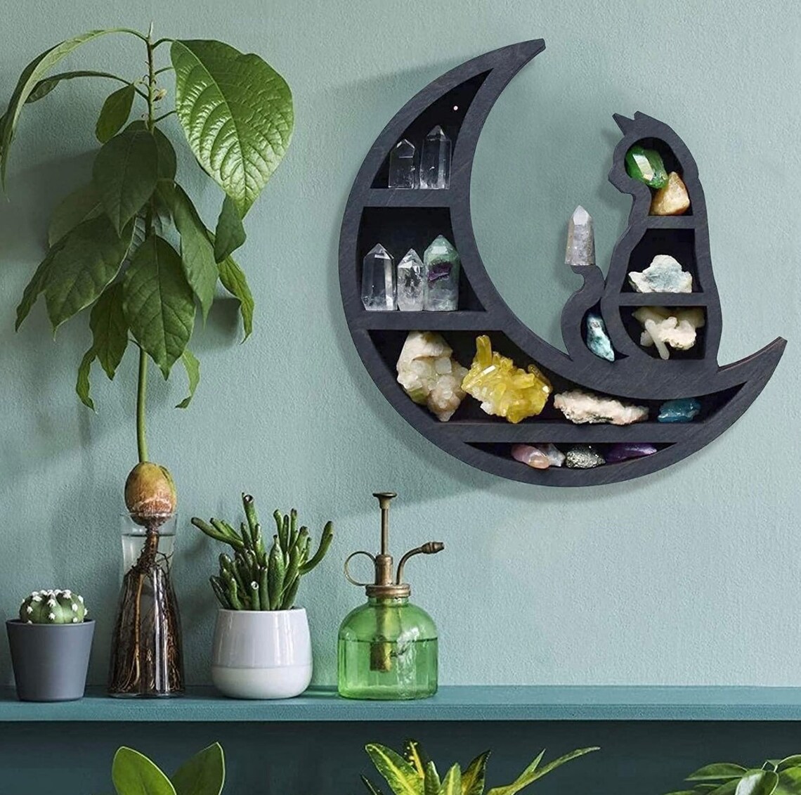 Wooden Cat With Moon Shelf crystal Shelf Witchy Shelf - Etsy