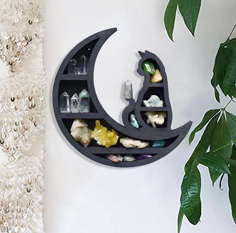 Wooden Cat With Moon Shelf crystal Shelf Witchy Shelf - Etsy
