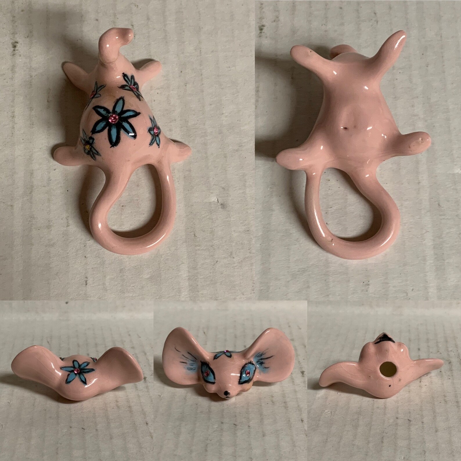 Big Ear Mouse Figurine Pink Movable Head Porcelain Blue Flower ...