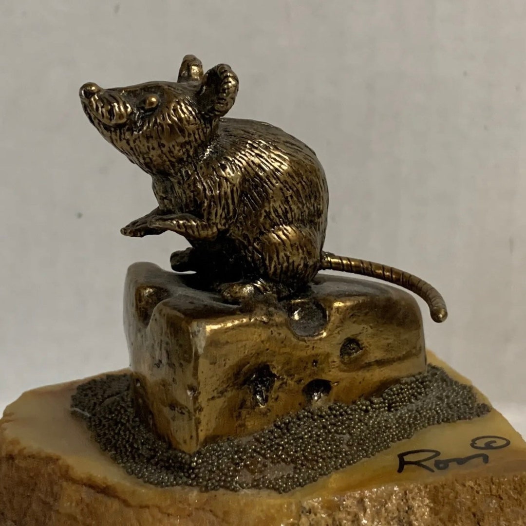 Vintage 70s RON LEE Mouse on Cheese Wedge Sculpture Onyx Stone Base ...