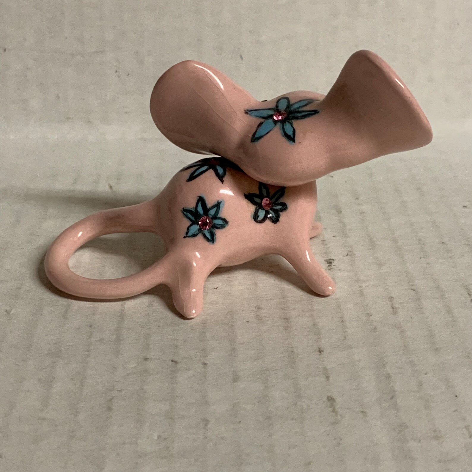 Big Ear Mouse Figurine Pink Movable Head Porcelain Blue Flower ...