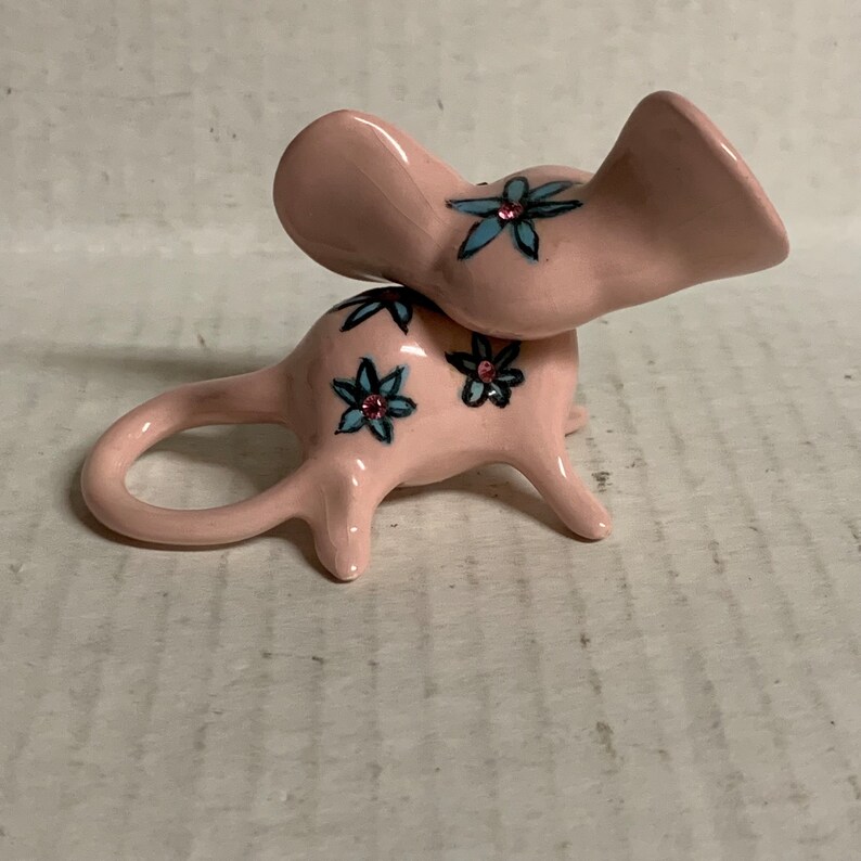 Big Ear Mouse Figurine Pink Movable Head Porcelain Blue Flower ...