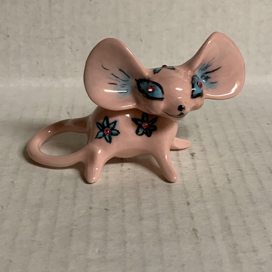 Big Ear Mouse Figurine Pink Movable Head Porcelain Blue Flower ...