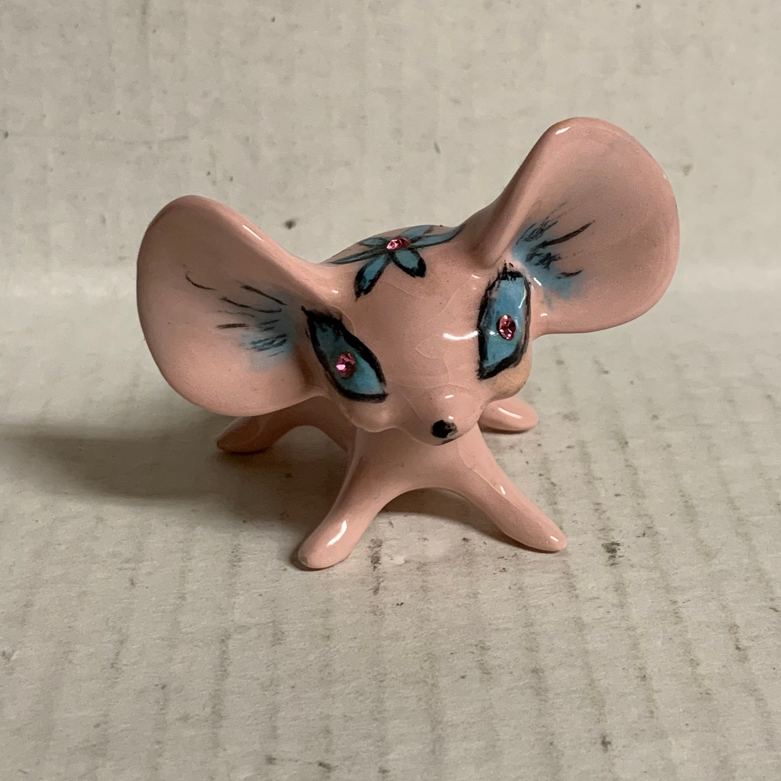 Big Ear Mouse Figurine Pink Movable Head Porcelain Blue Flower ...
