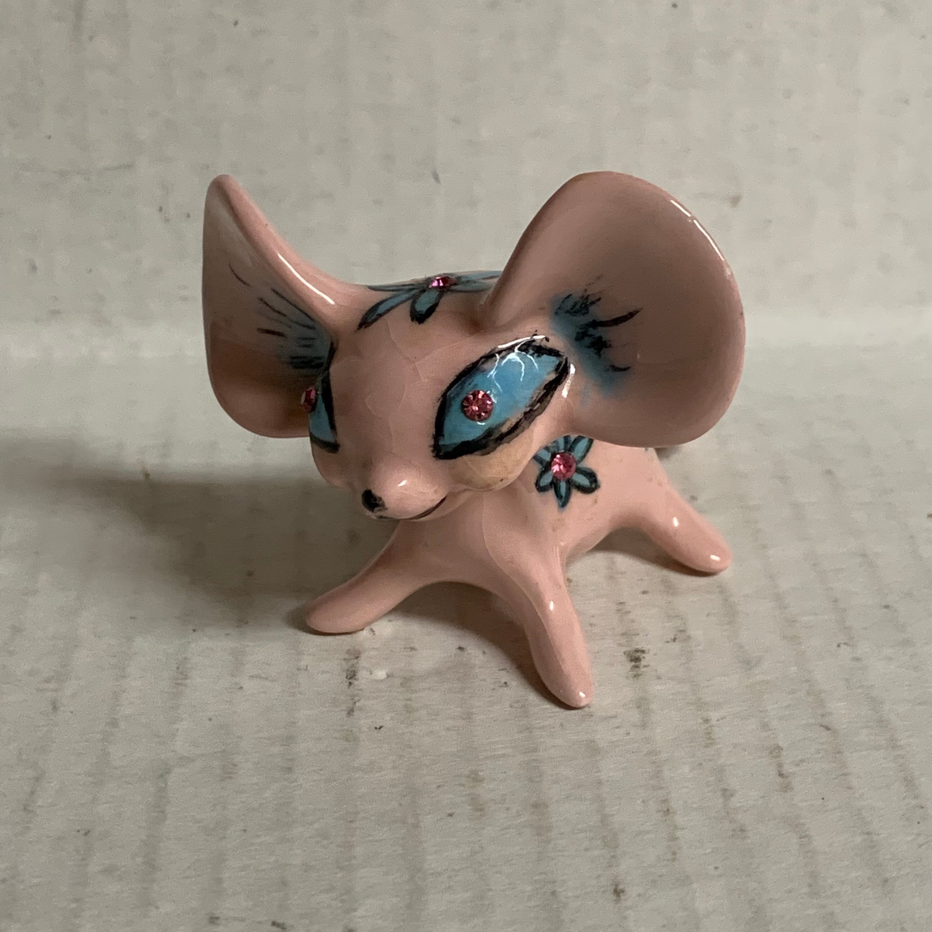 Big Ear Mouse Figurine Pink Movable Head Porcelain Blue Flower ...