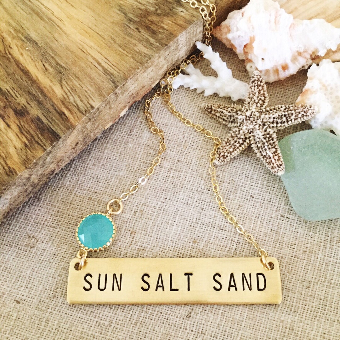 SUN SALT SAND Gold Fill Stamped Layering Name Plate Bohemian Boho Bar ...