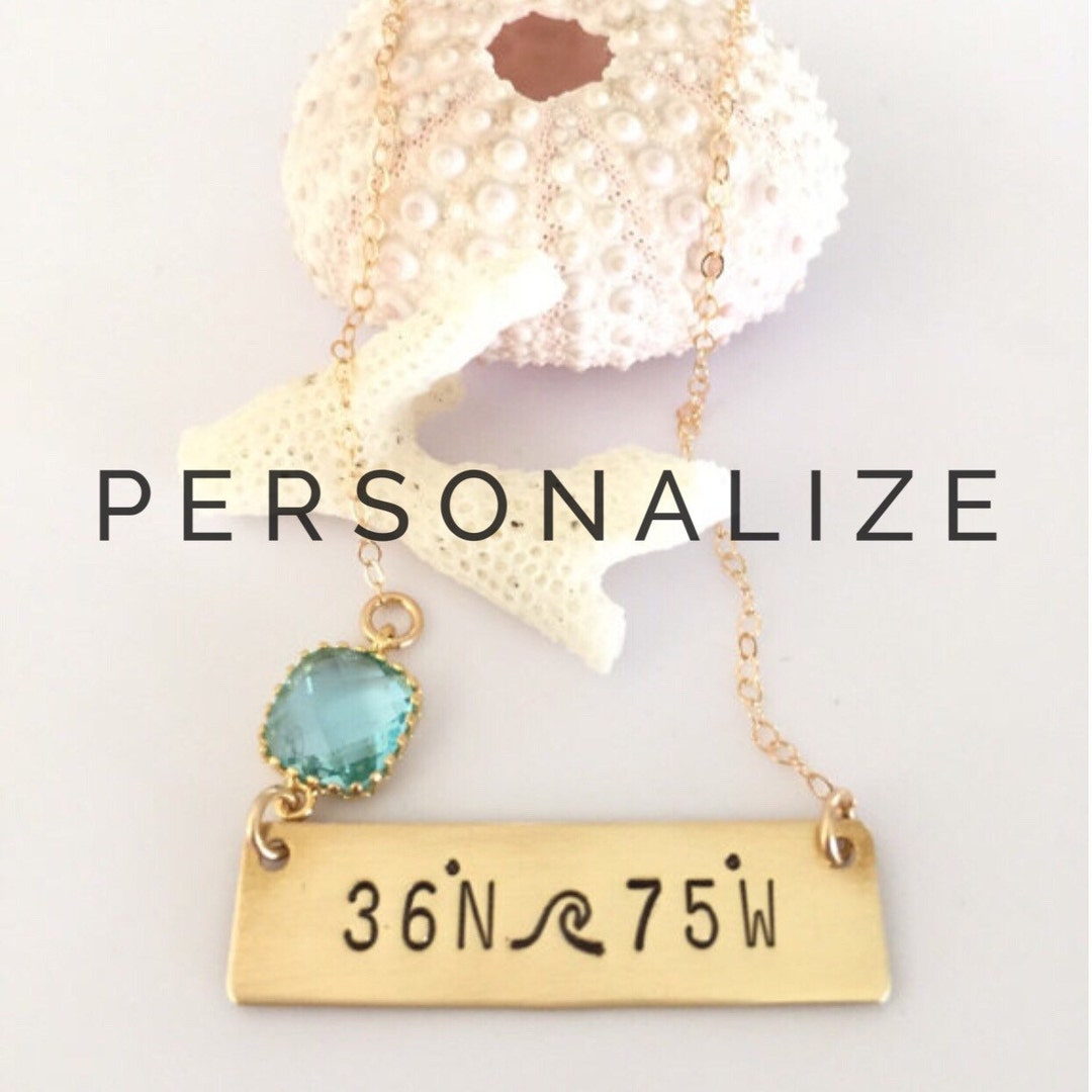 Custom Coordinates Personalized Wave Gold Fill Nameplate Bar Necklace ...