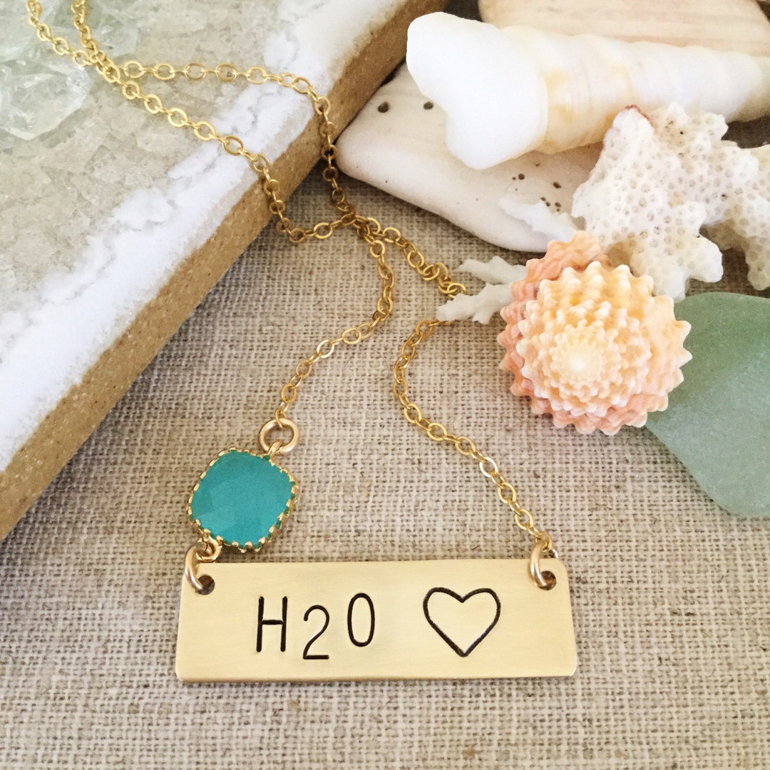 H20 Bar Necklace Stamped Gold Fill Nautical Name Plate Customizable ...