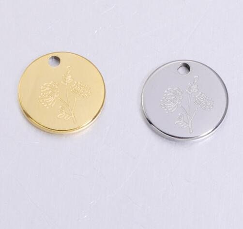 10pcs Birth Flower Charms 12mm/15mm, Steel Floral Flower Tag Charm ...