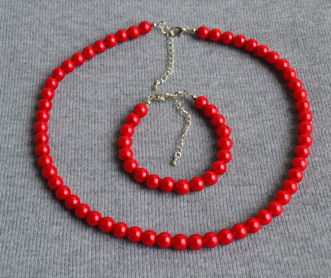 Red Pearl Set , Pearl Necklace,pearl Bracelet,baby Pearl Set,glass ...