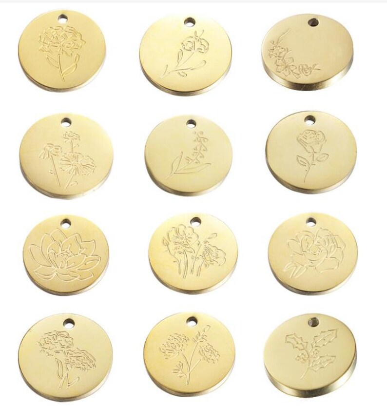10pcs Birth Flower Charms 12mm/15mm, Steel Floral Flower Tag Charm ...
