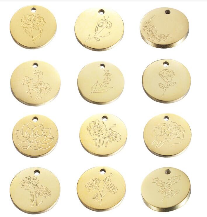 10pcs Birth Flower Charms 12mm/15mm, Steel Floral Flower Tag Charm ...