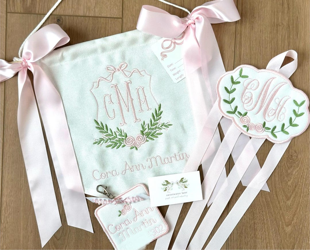 Custom Baby Shower Gift BUNDLE Hospital Banner, Bow Holder and Bag Tag ...