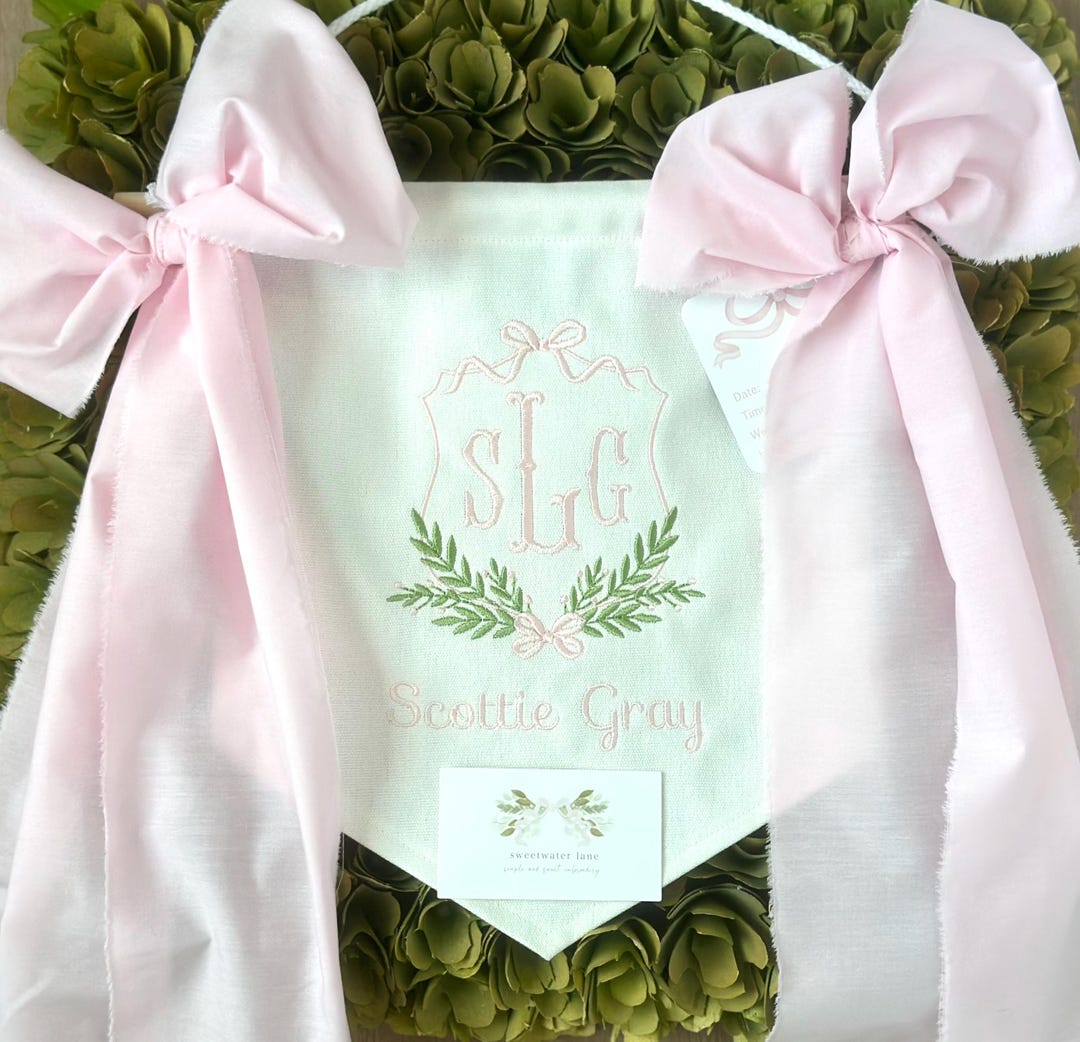 Custom Baby Banner With Floral Crest Frame and Satin or Fabric Bows ...