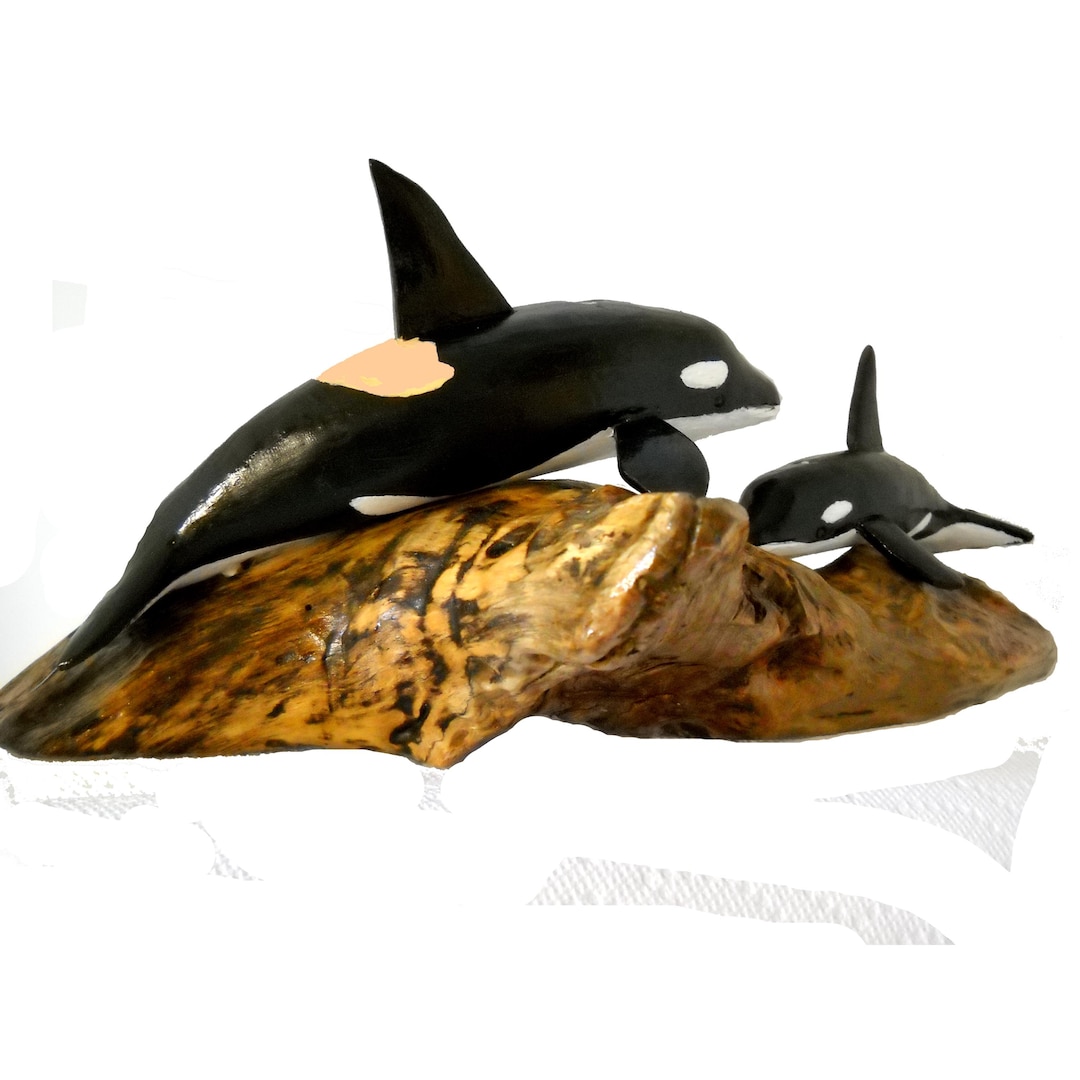 Orca Whale Wood Carving, Mother and Calf Marine Sculpture - Etsy