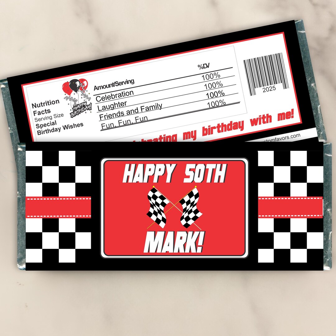 Personalized Checkered Flag Race Car Birthday Candy Bar Wrappers - Custom Party Favors for ...