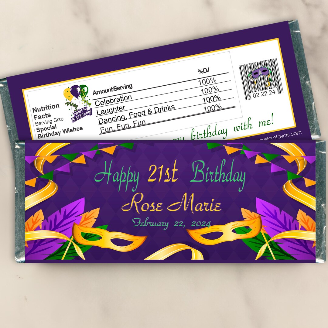 Personalized Mardi Gras Birthday Candy Bar Wrappers - Custom Party ...