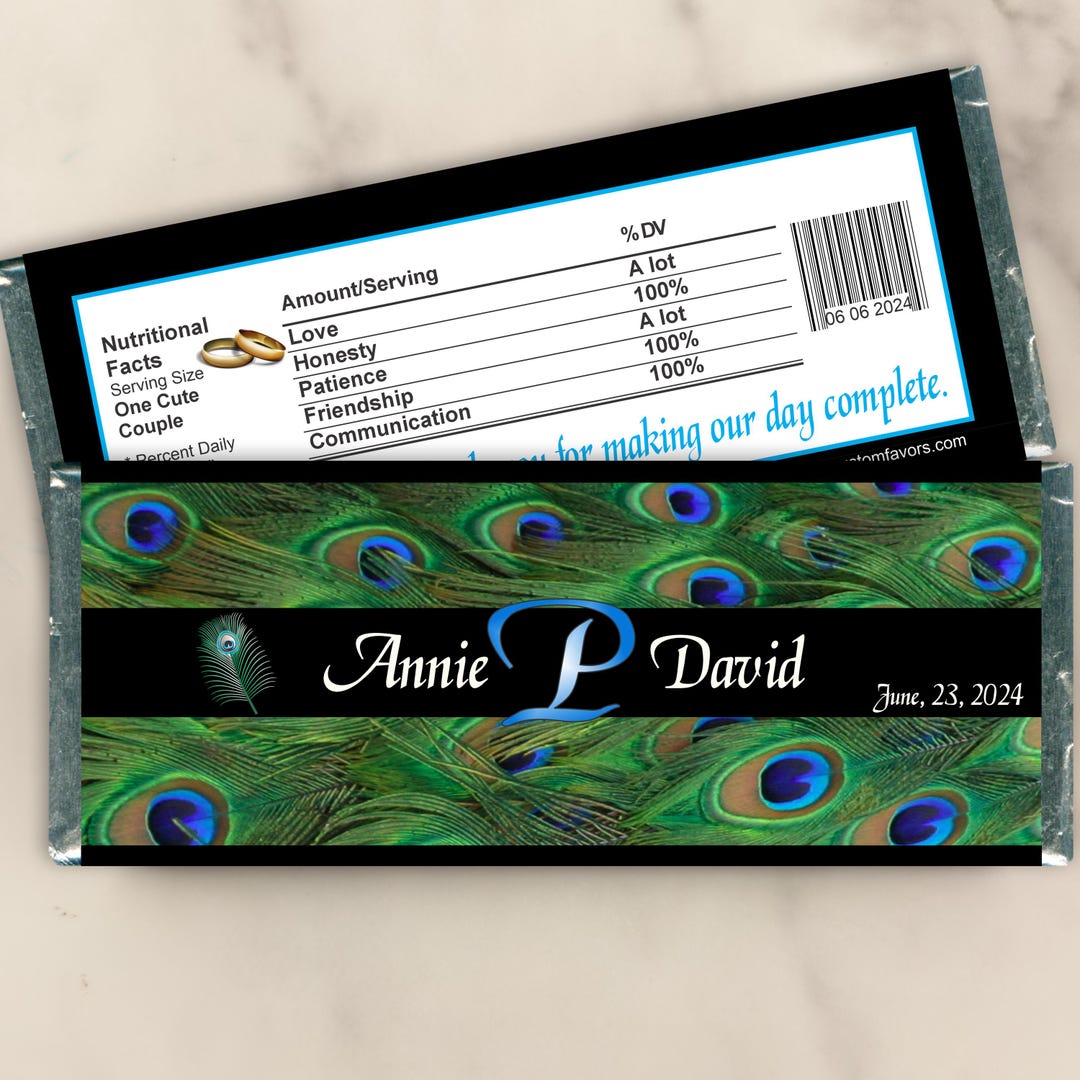 Personalized Peacock Wedding Candy Bar Wrappers - Custom Bridal Party ...