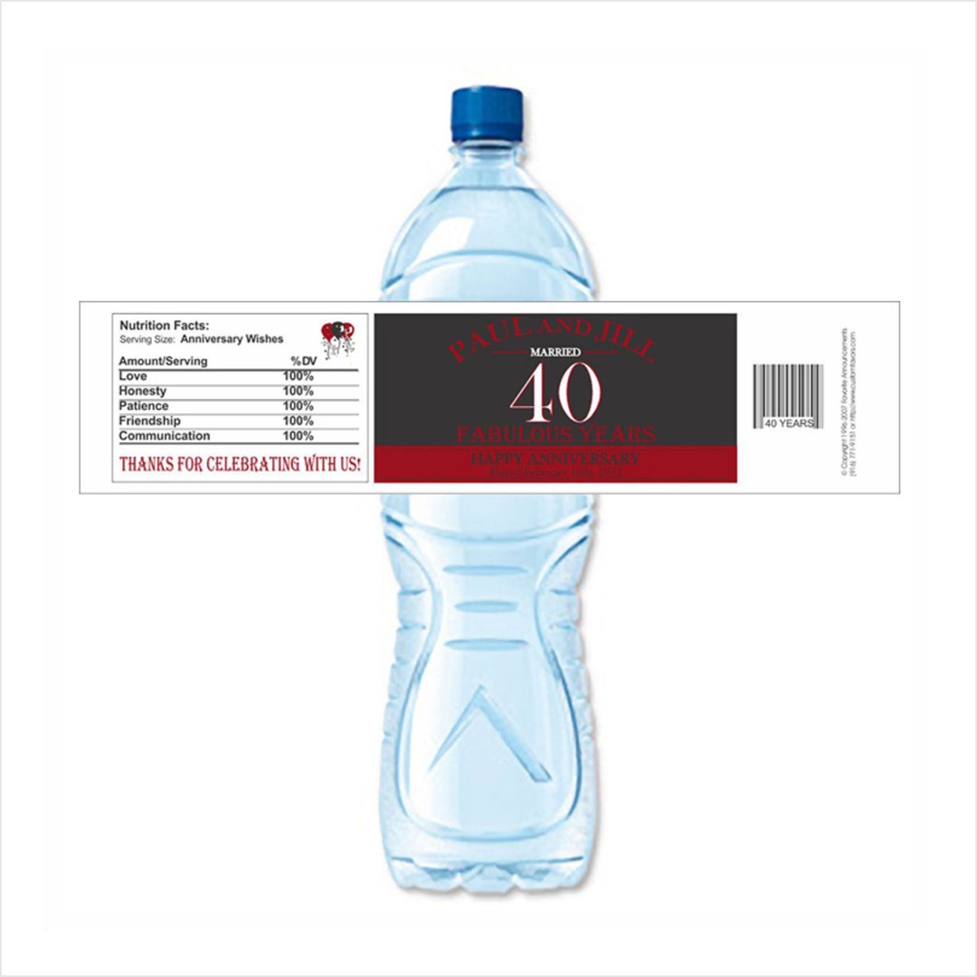 Printed Ruby Anniversary Party Water Bottle Labels, Golden or Silver ...