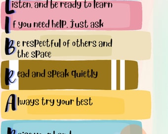 Printable Library Rules Poster Books Wall Decor Modern Colorful ...