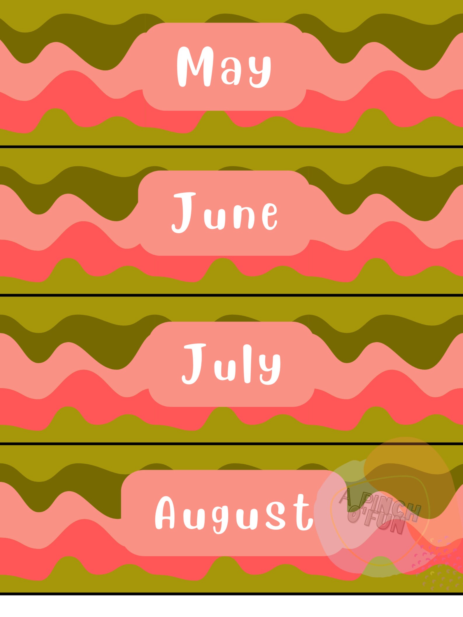 Printable Months Calendar Labels Groovy Wall Decor Modern Colorful ...