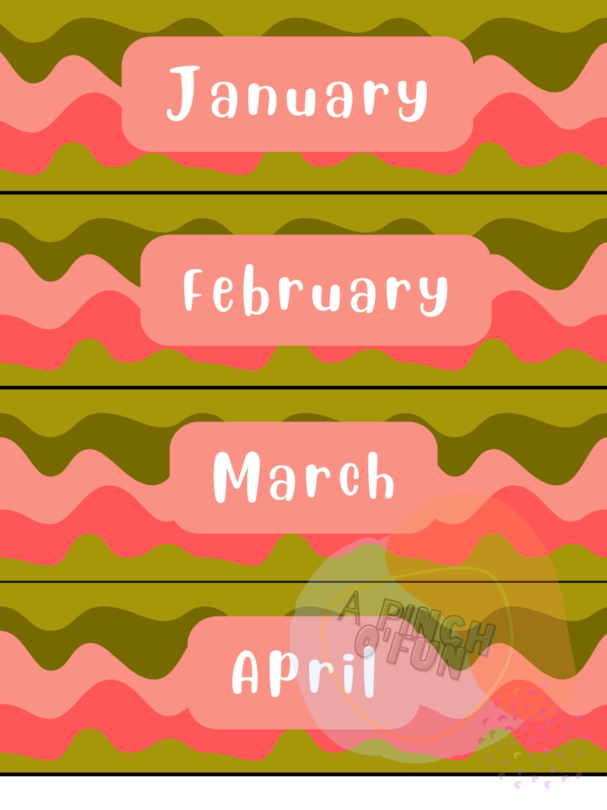Printable Months Calendar Labels Groovy Wall Decor Modern Colorful ...