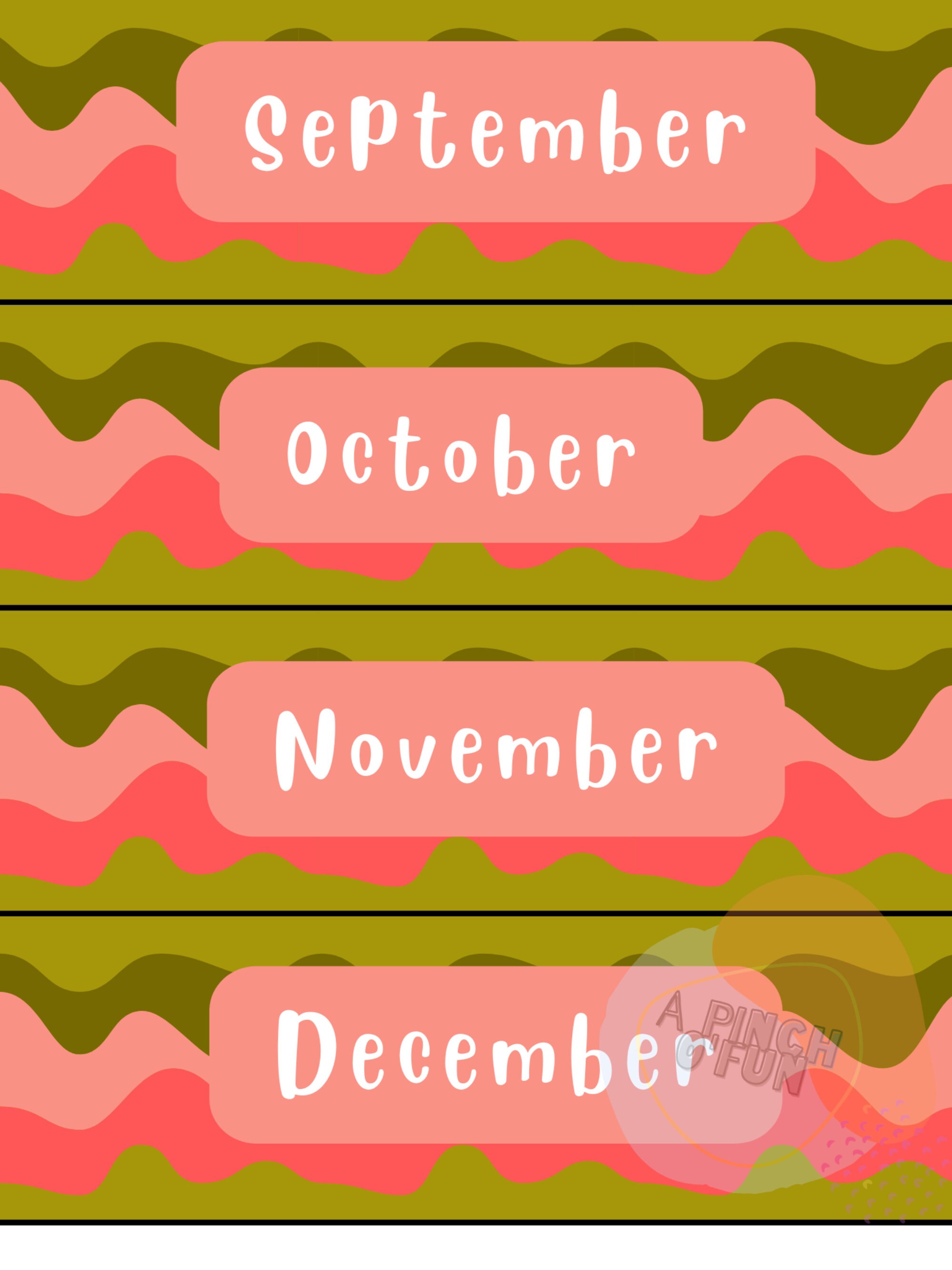 Printable Months Calendar Labels Groovy Wall Decor Modern Colorful ...