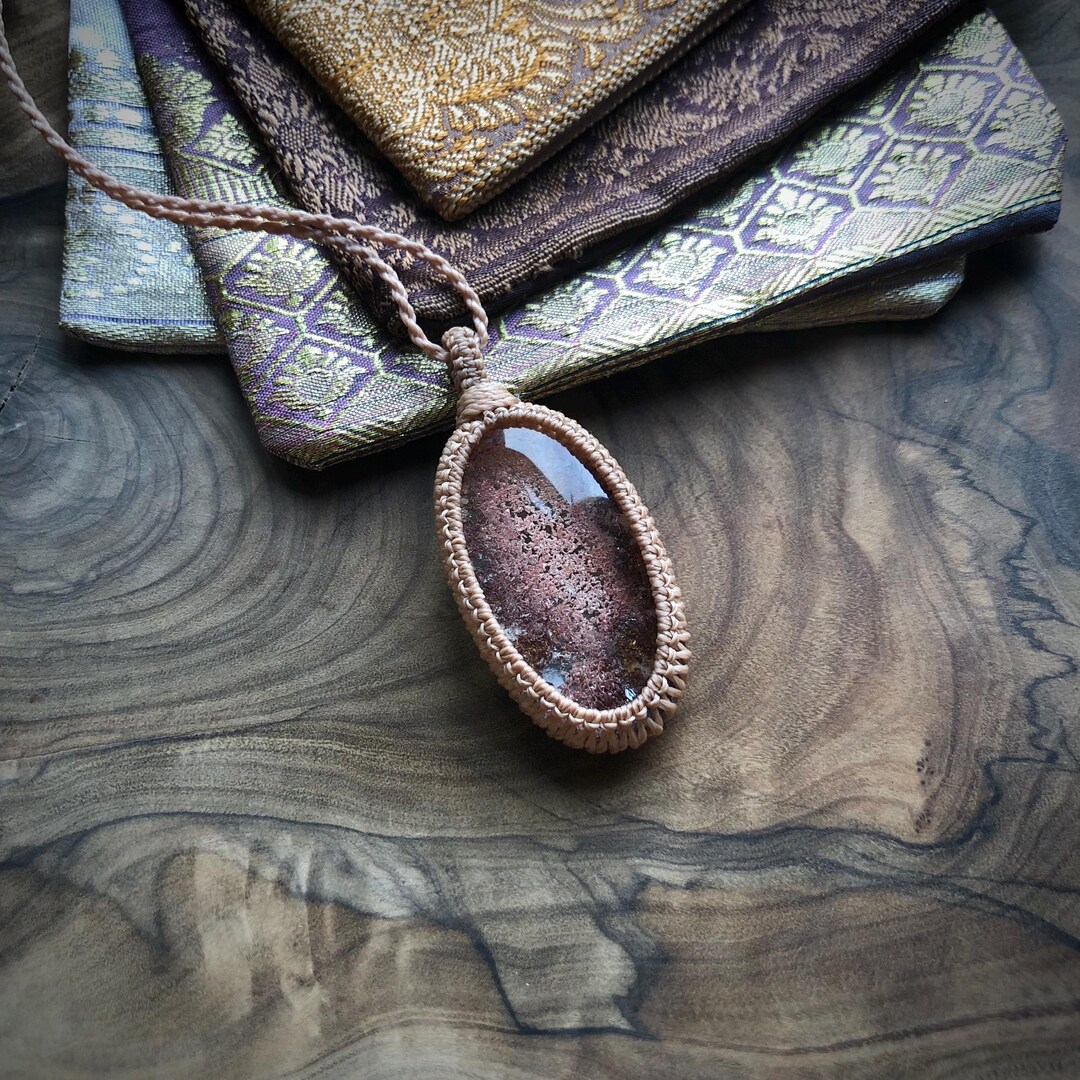 Large Natural Pink Lodolite Pendant, Beige Macrame Cord, Necklace With ...