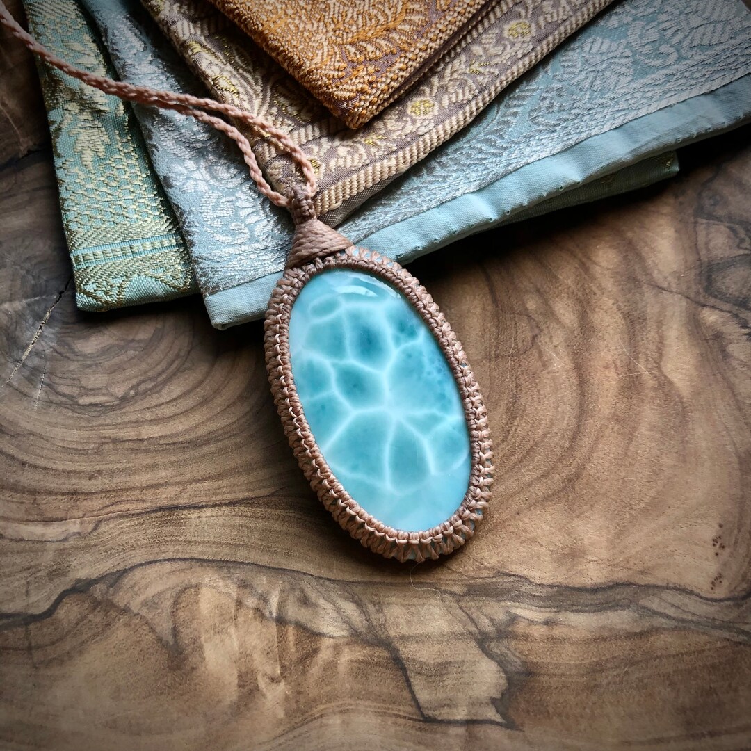 Large Macramé Larimar Pendant, Ocean Pattern, Surfers Necklace, Seawater, Oval Shape, Fancy ...