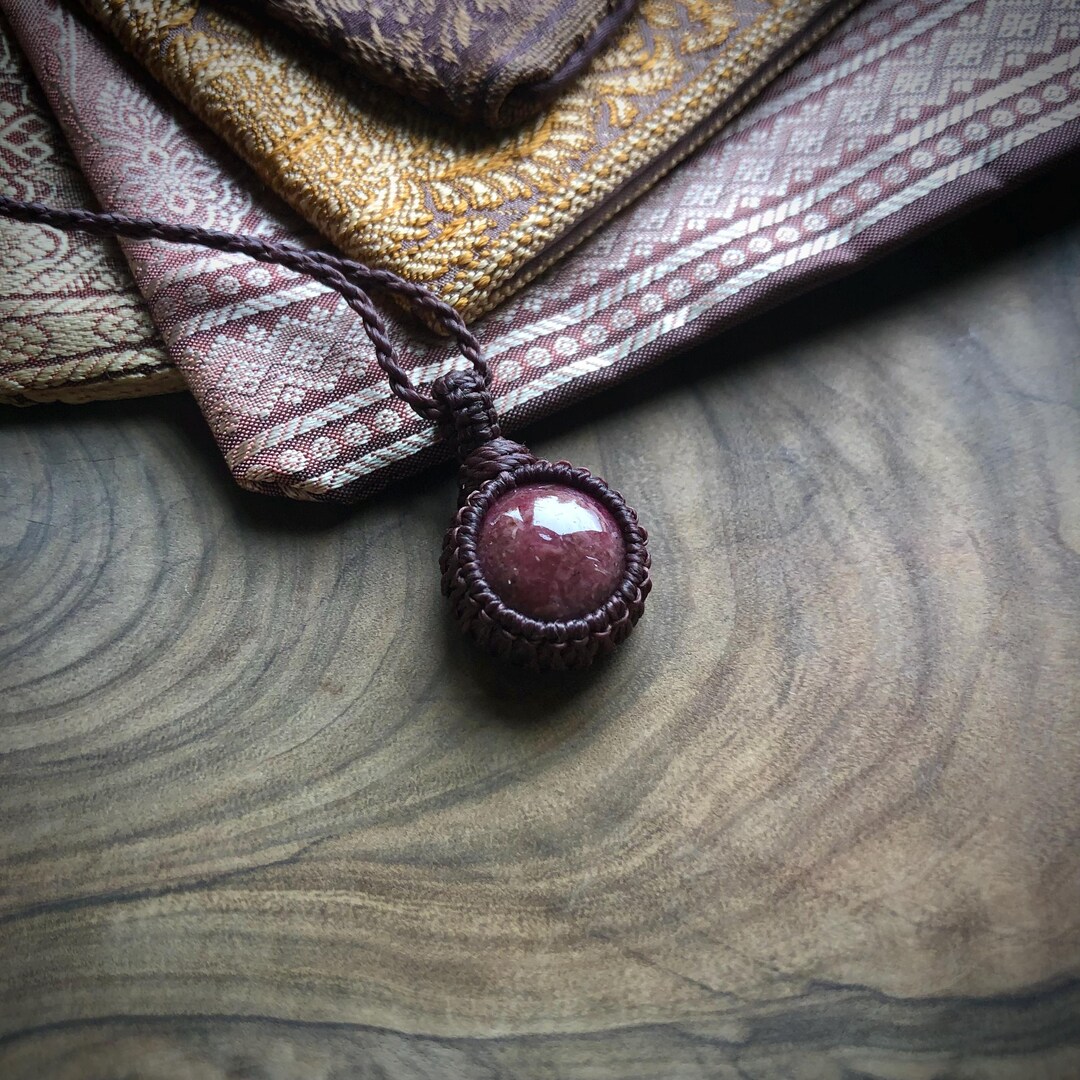 Round Little Rhodonite Pendant, Dark Macrame Cord, Aubergine, Bordeaux ...