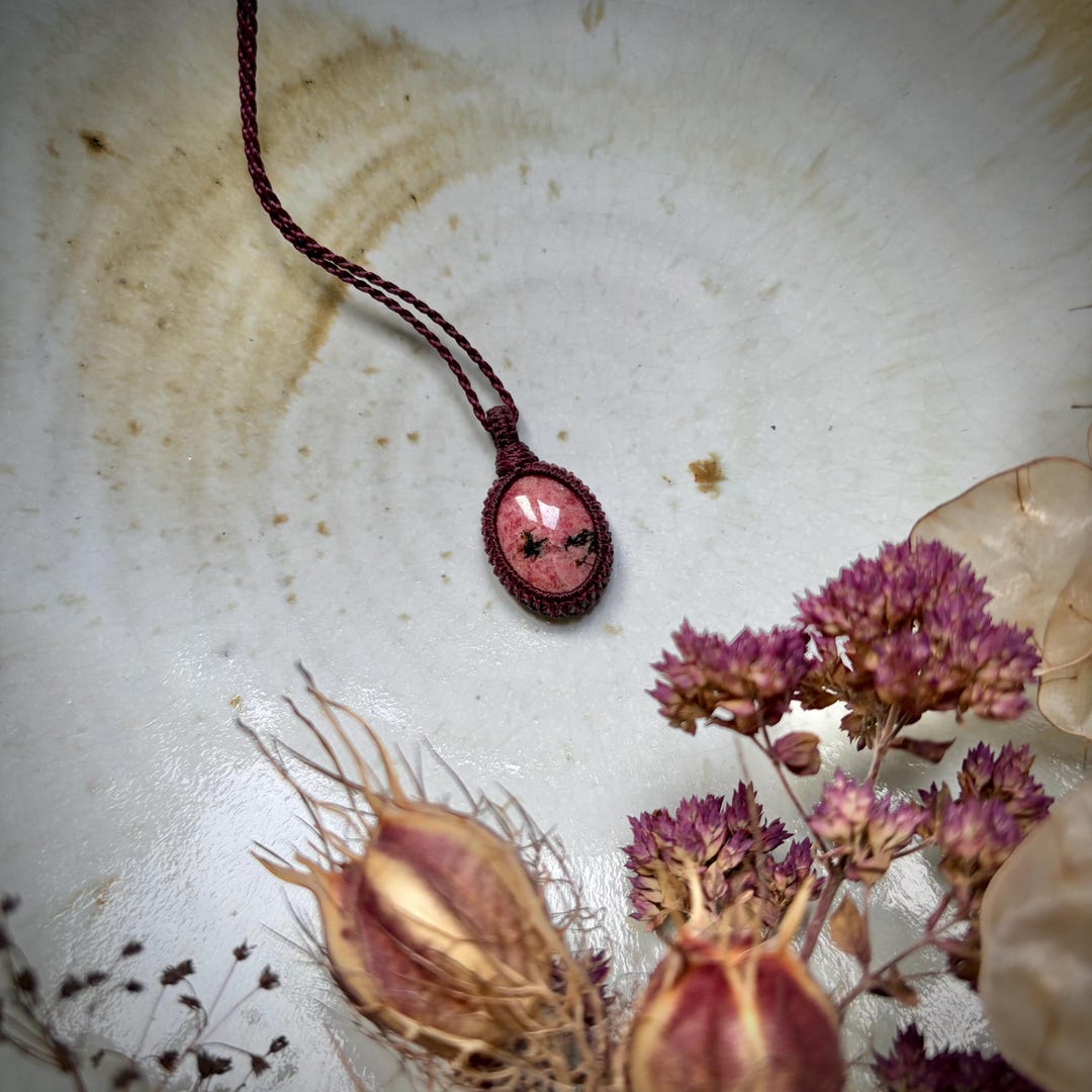 Round Little Rhodonite Pendant, Dark Macrame Cord, Aubergine, Bordeaux ...