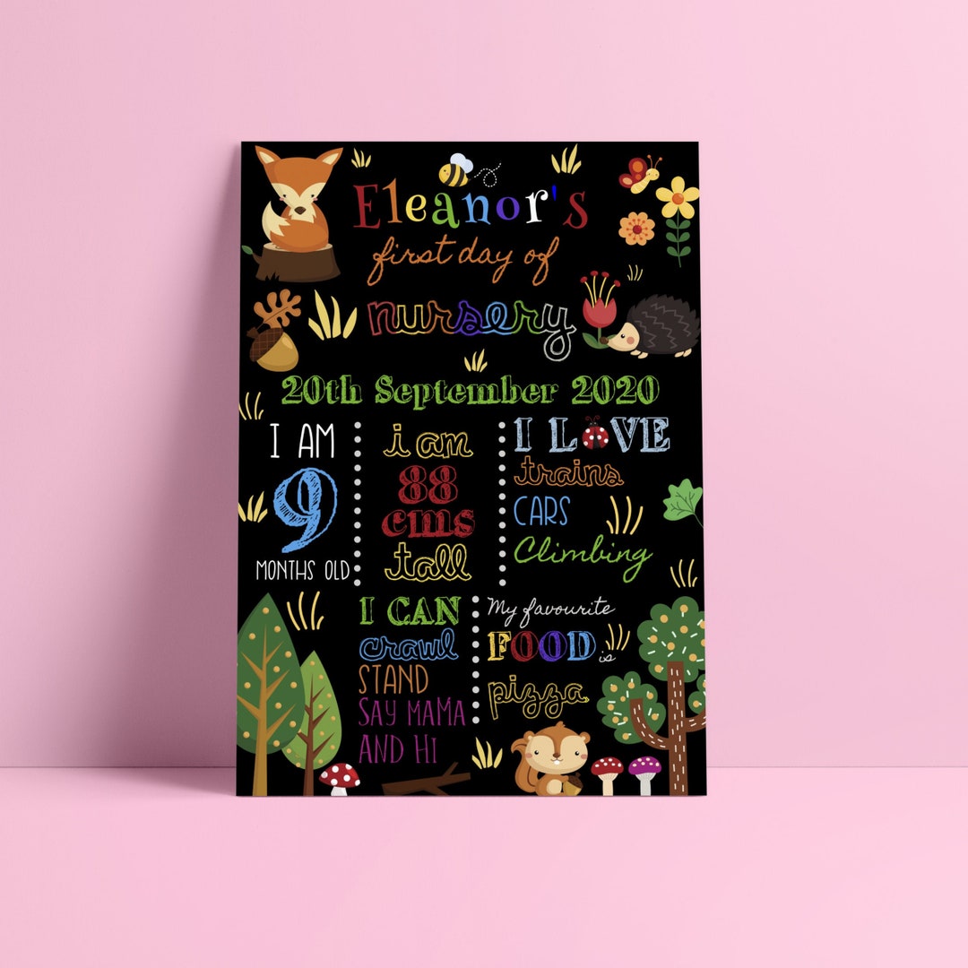 First Day of Nursery Woodland Animals Blackboard Sign - Personalised ...