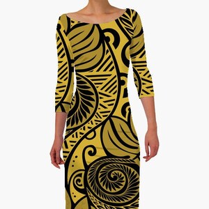 Hawaiian Dress Women Ulu Midi Dress Polynesian Dress Black Golden ...