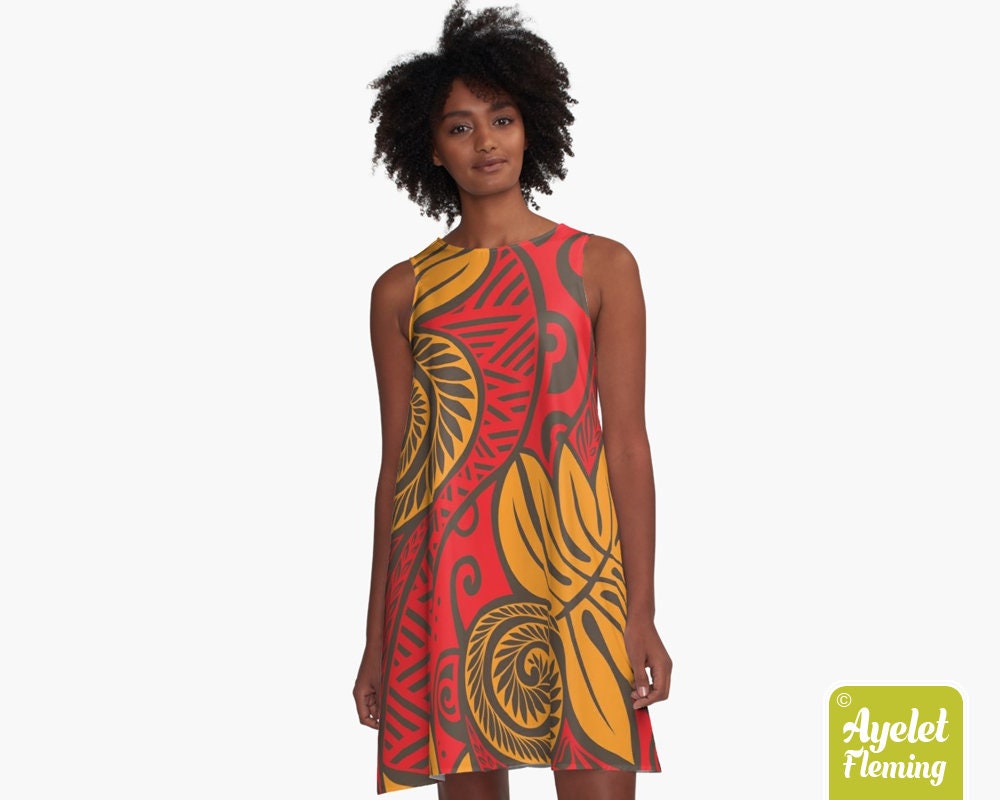 Hawaiian dress women ulu Polynesian dress Red orange brown | Etsy